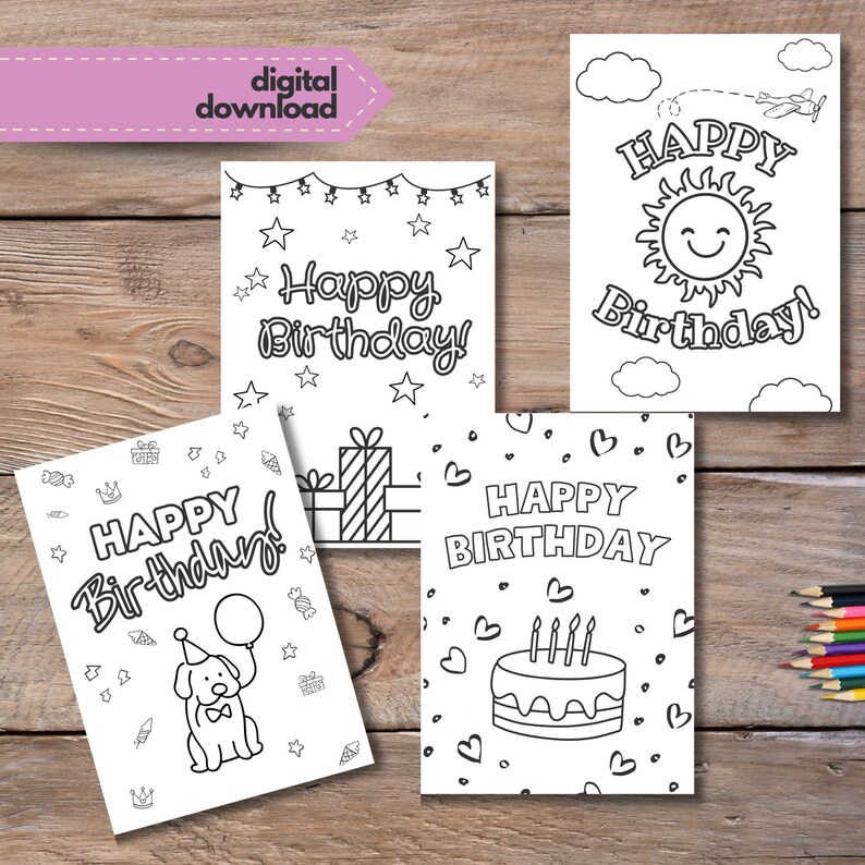 Instant Download DIY Colouring Birthday Cards Set - Etsy