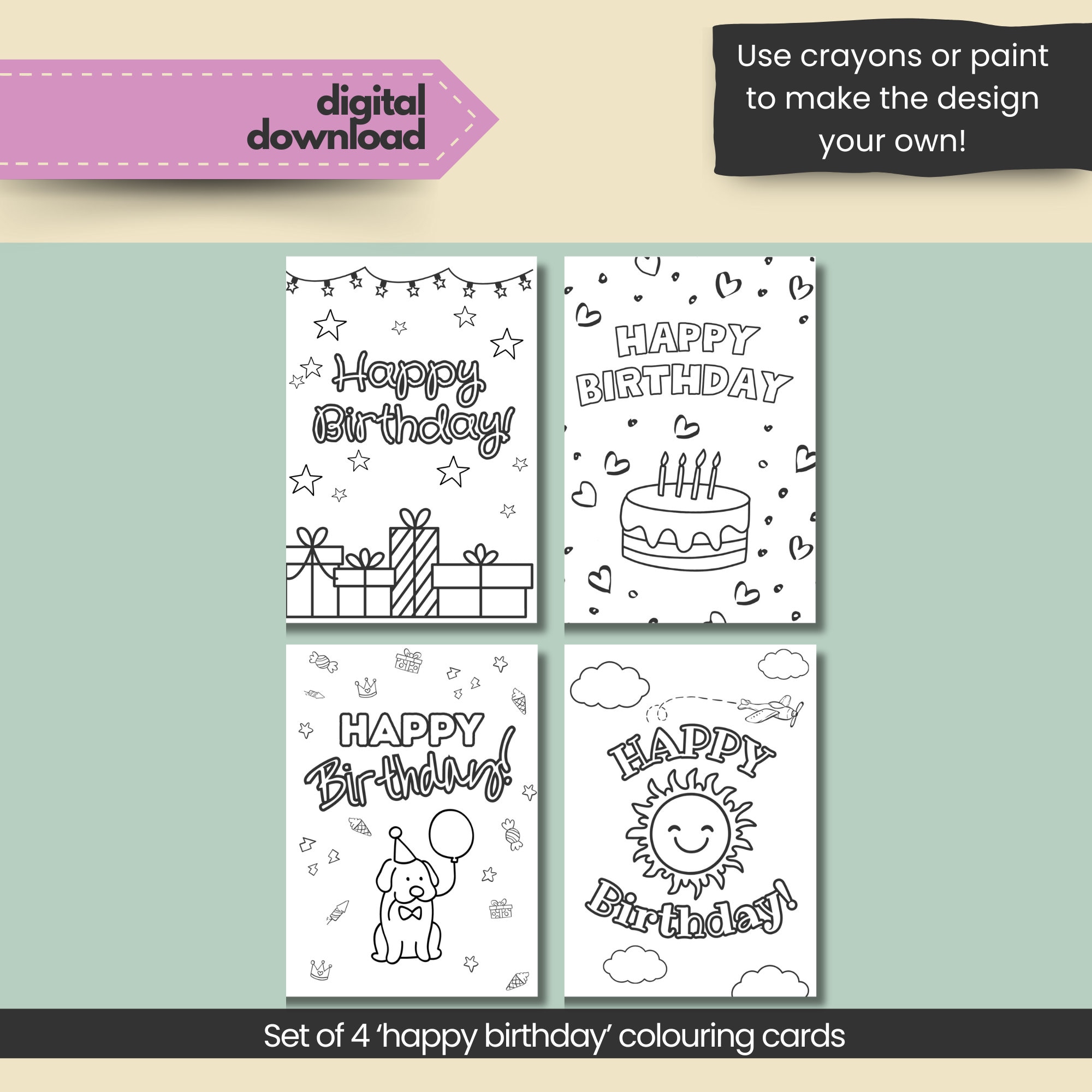 Instant Download DIY Colouring Birthday Cards Set - Etsy