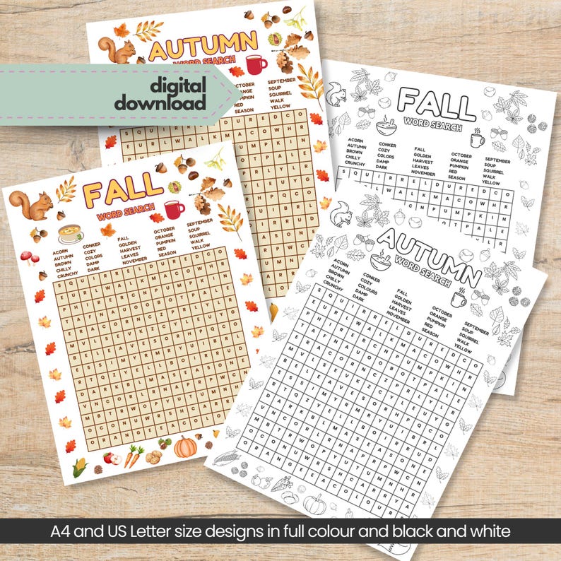 Autumn / Fall Word Search, Printable Activity, Instant Download - Etsy