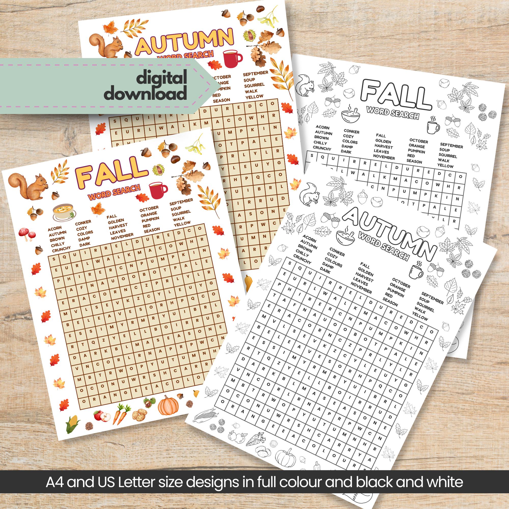 Autumn / Fall Word Search, Printable Activity, Instant Download - Etsy
