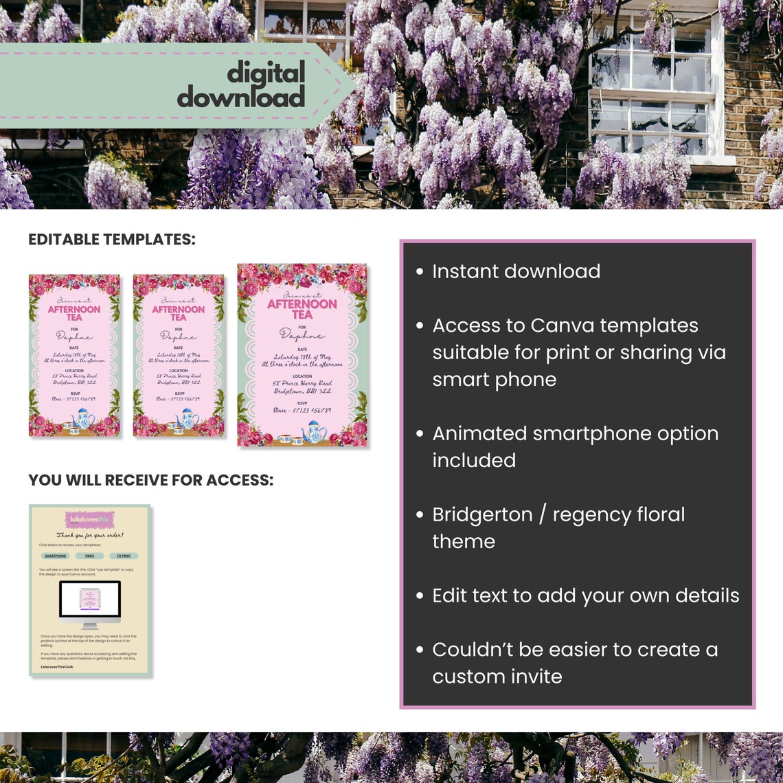 Bridgerton Printable Invitation Template, Editable Floral Invitation ...