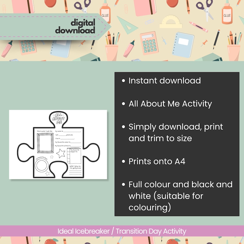 All About Me Jigsaw Puzzle Piece to Print, Transition Activity, Instant ...