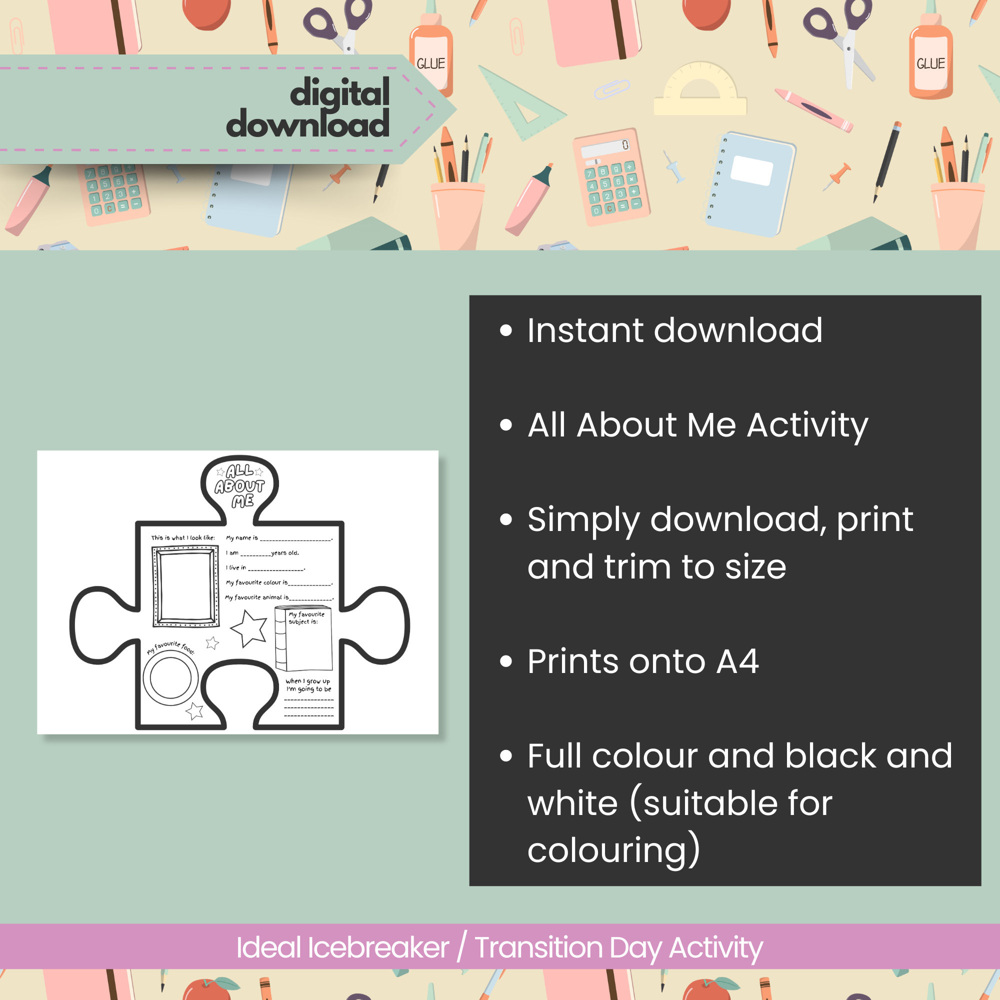 All About Me Jigsaw Puzzle Piece to Print, Transition Activity, Instant ...
