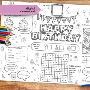 Kids Fun Birthday Printable Colouring Placemat - Instant Download ...