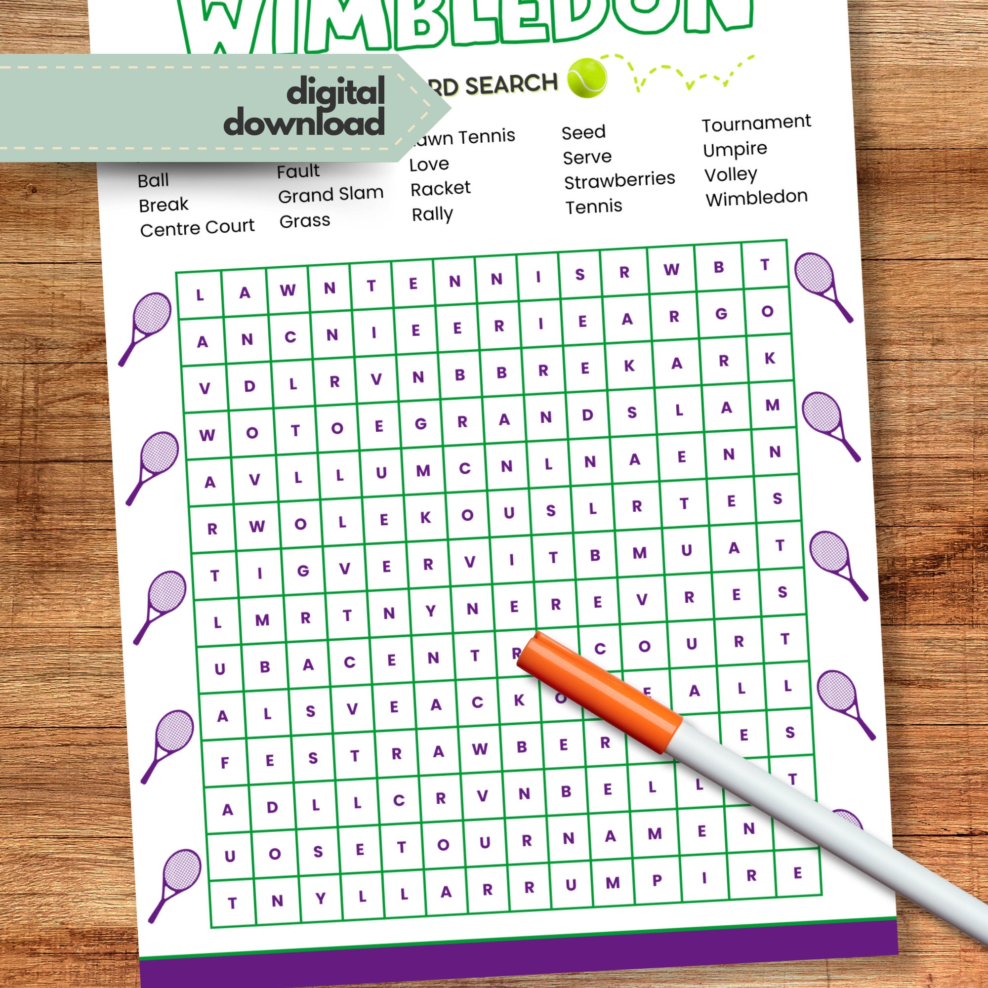 Wimbledon Tennis Printable Word Search Puzzle - Summer Sport Party ...