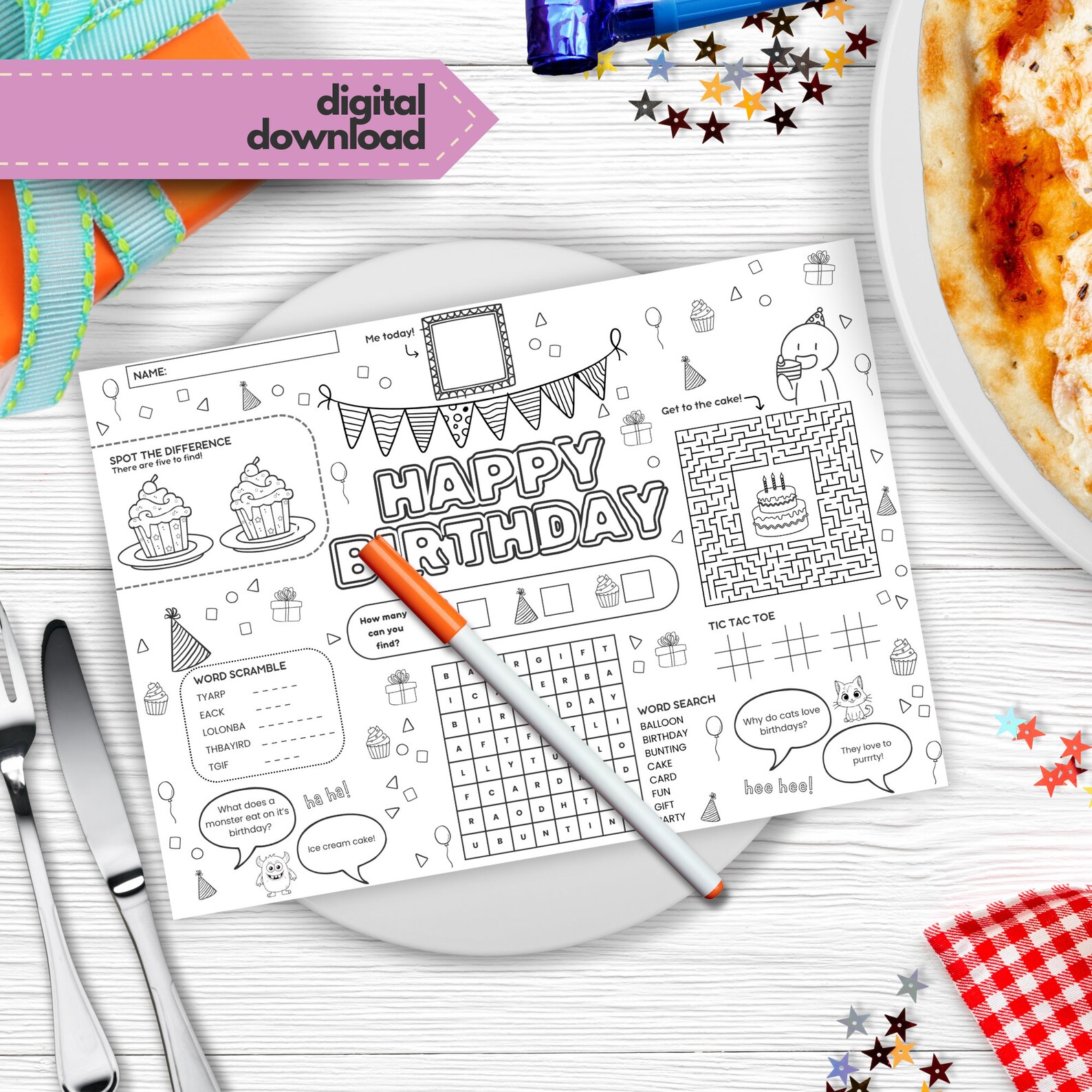 Kids Fun Birthday Printable Colouring Placemat - Instant Download ...