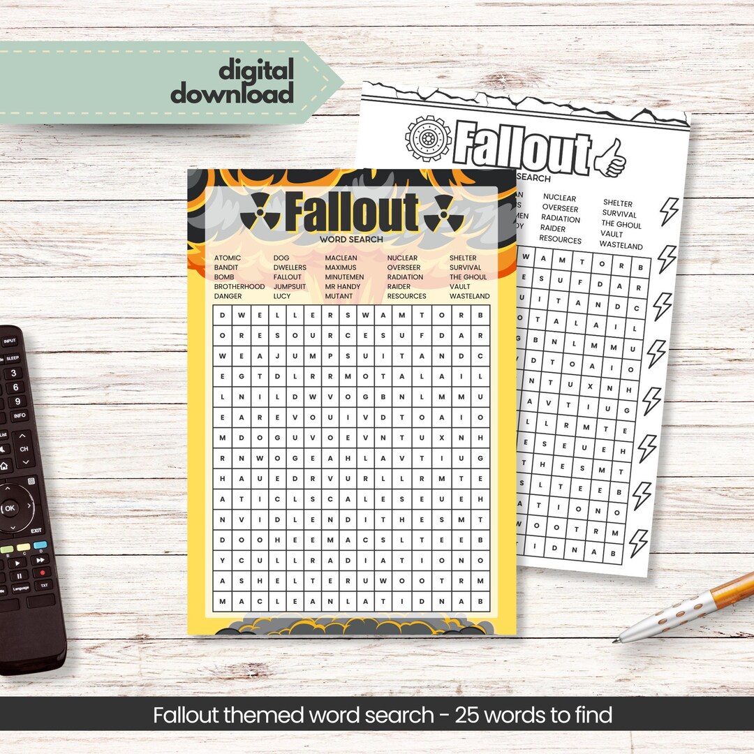 Fallout Word Search, Themed Printable Word Search, Instant Download ...
