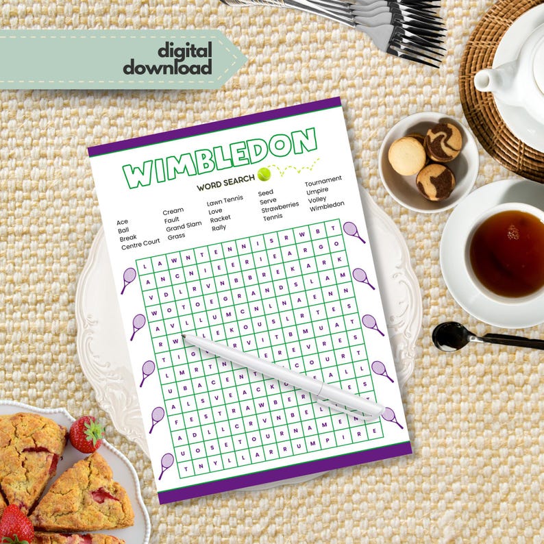 Wimbledon Tennis Printable Word Search Puzzle - Summer Sport Party ...