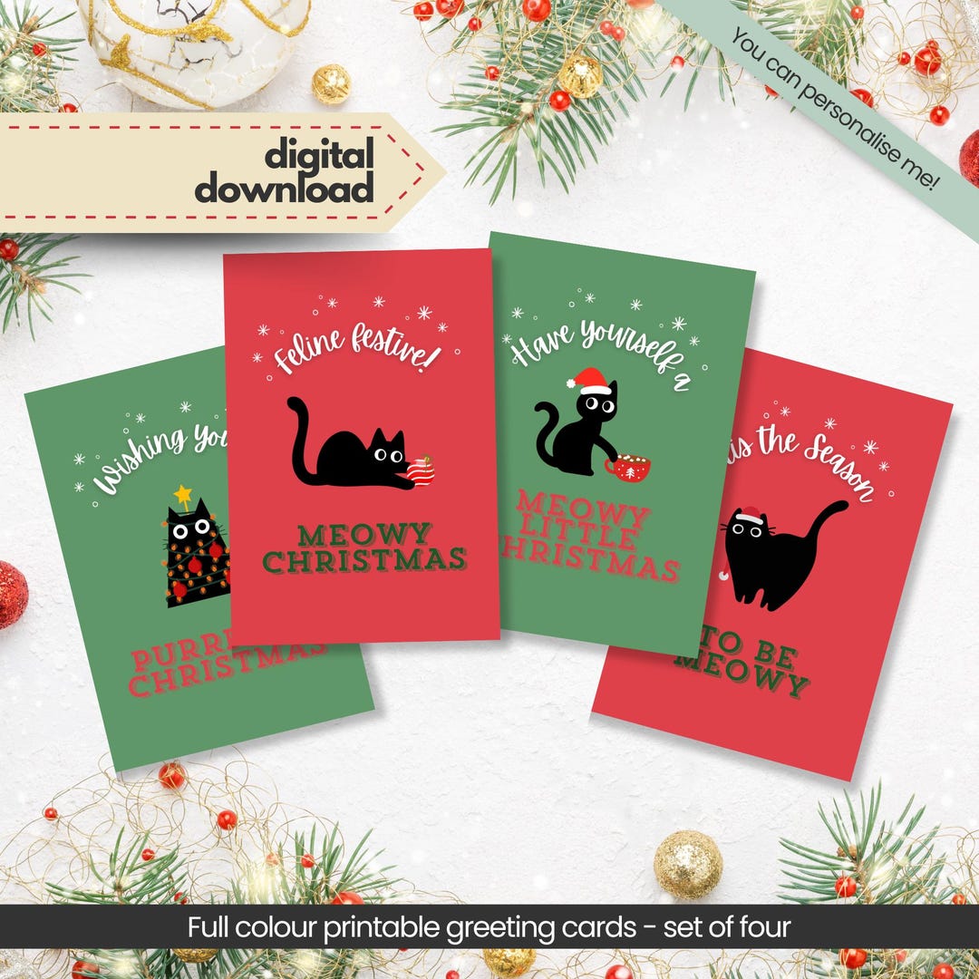 Printable Cat Christmas Cards, Editable Festive Designs, Instant ...