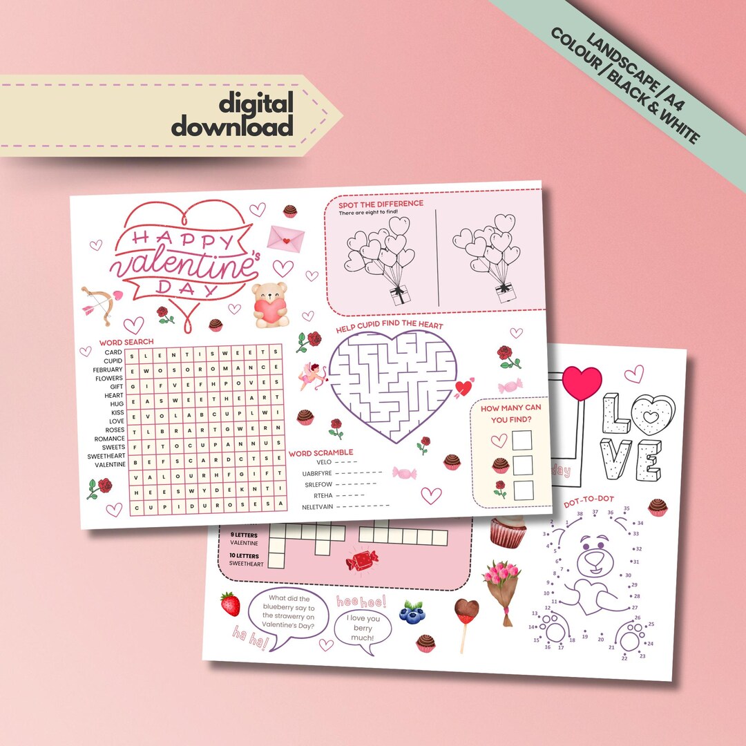 Valentine's Day Activity Placemat: Coloring & Puzzles for Valentine's ...