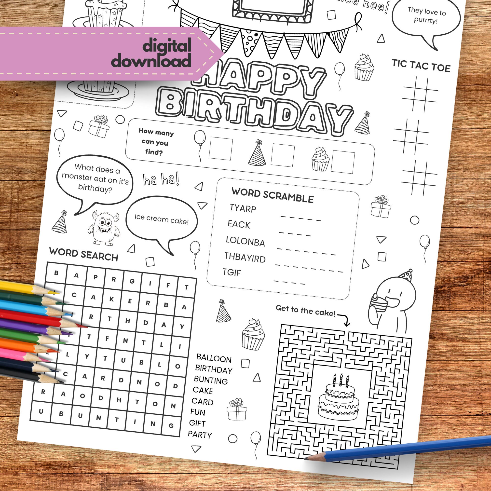 Kids Fun Birthday Printable Colouring Placemat - Instant Download ...