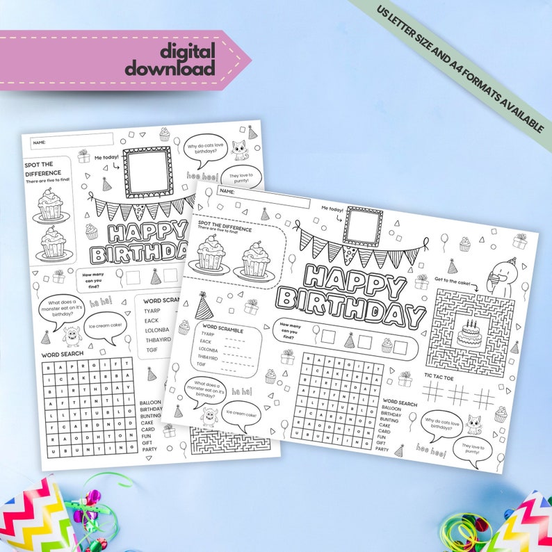 Kids Fun Birthday Printable Colouring Placemat - Instant Download ...