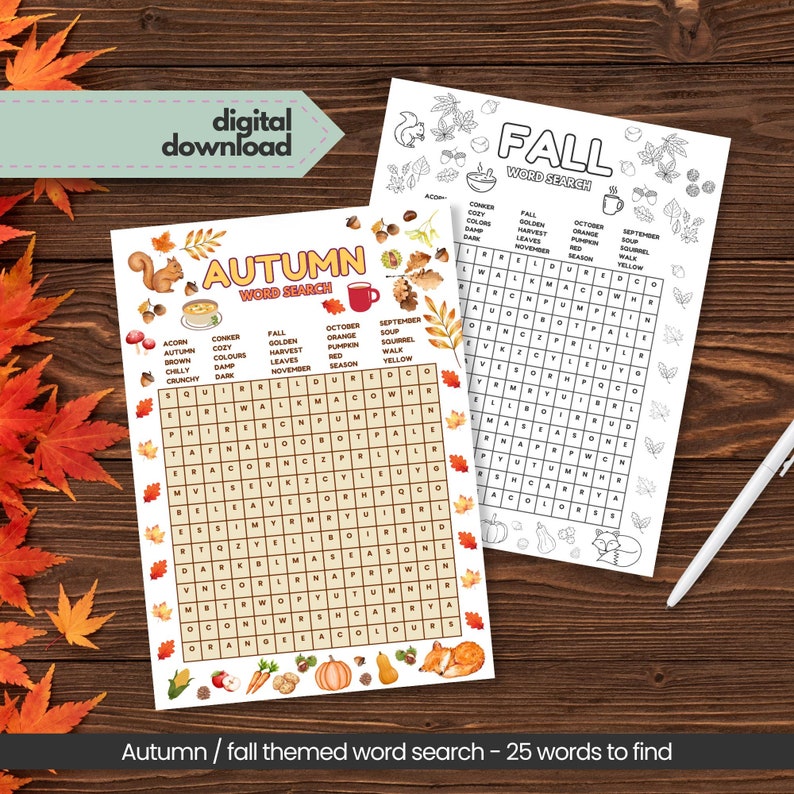 Autumn / Fall Word Search, Printable Activity, Instant Download - Etsy