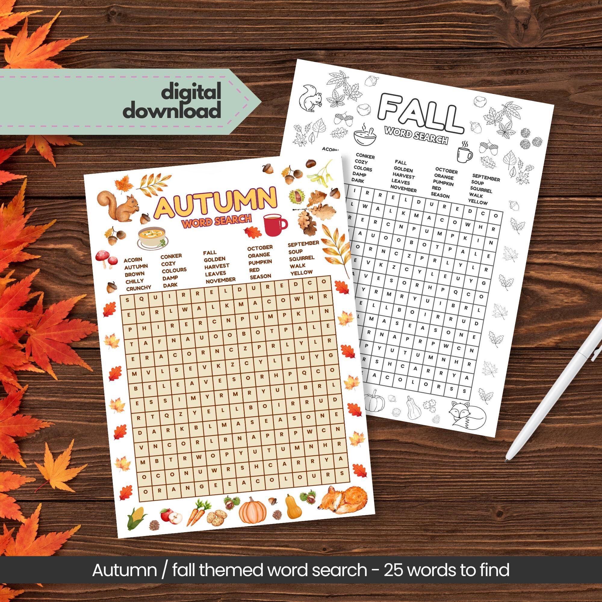 Autumn / Fall Word Search, Printable Activity, Instant Download - Etsy