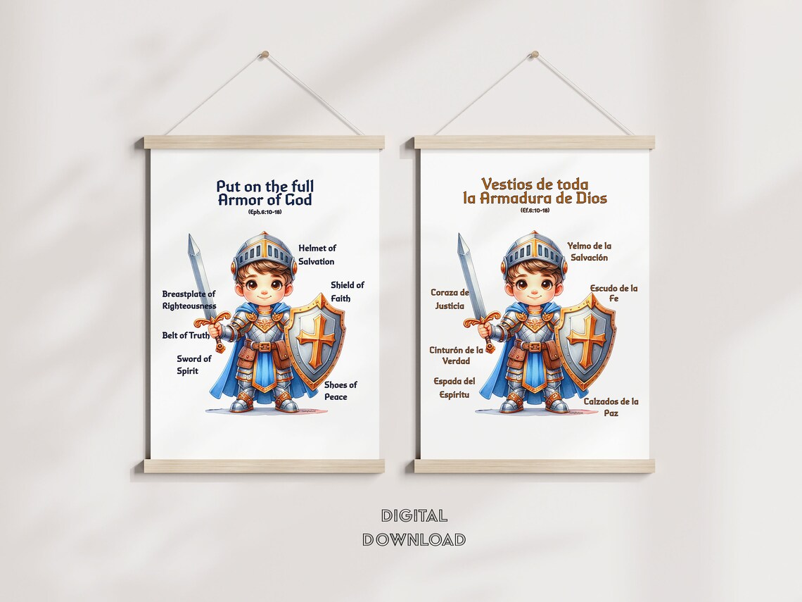 Armor of God Poster Cute Boy Spanish English Bible Verse Christian Wall ...