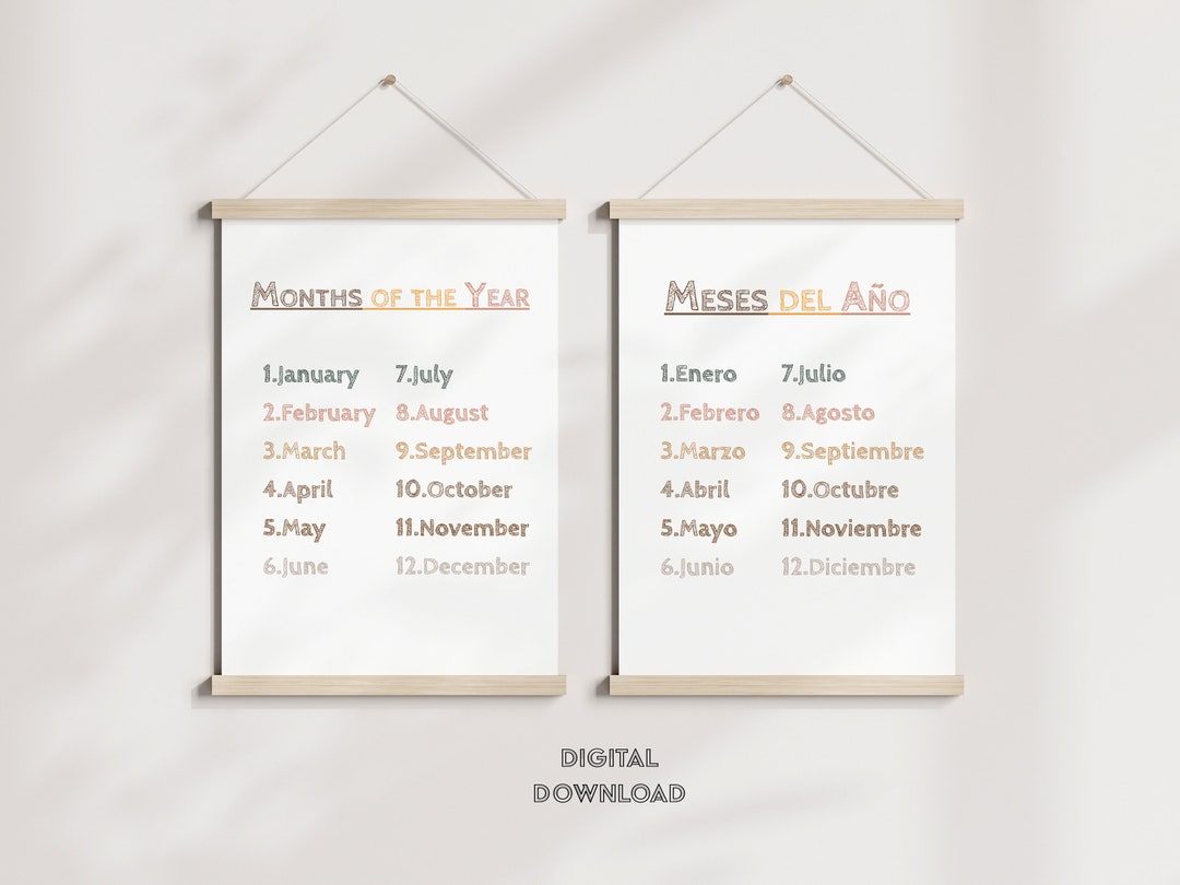Póster Meses del año en inglés y español en suaves tonos tierra ...