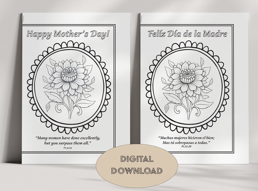 Coloring Mother's Day Card INSTANT DOWNLOAD Flowers English and Spanish ...