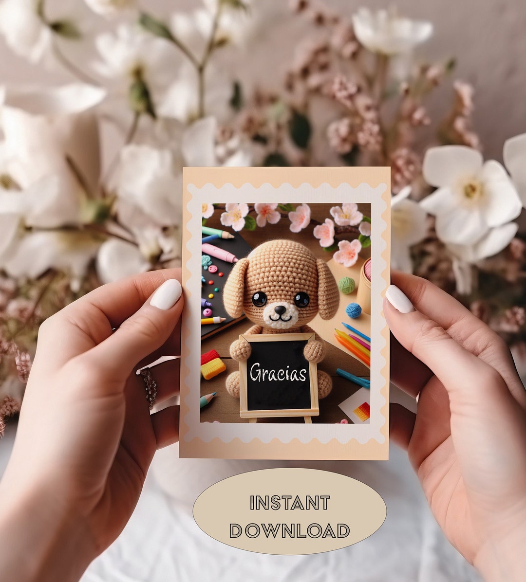 Cute Puppy Dog Thank You Card Gracias Card Spanish Card for Thank You Amigurumi Style Instant ...