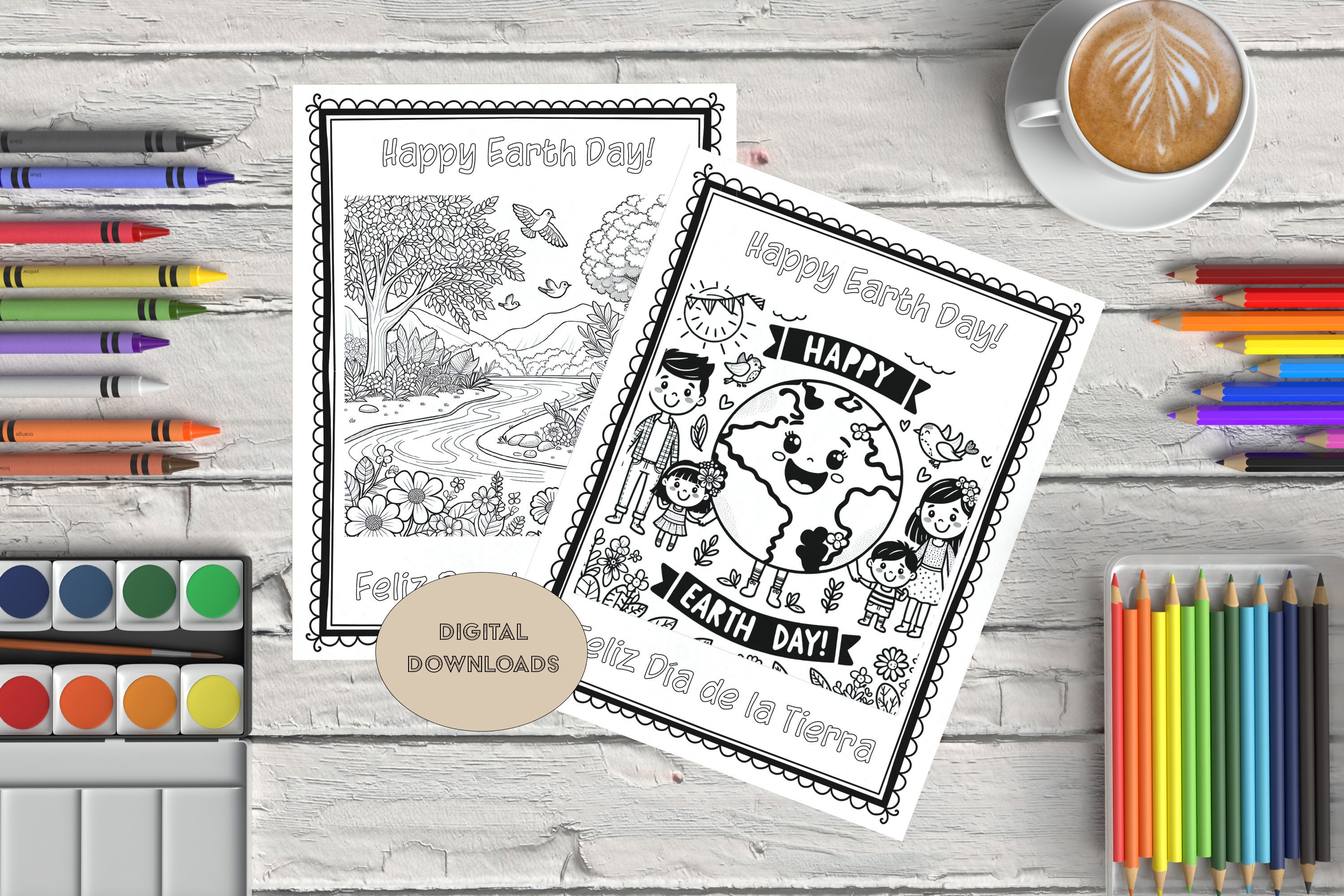 Coloring Earth Day INSTANT DOWNLOAD Coloring Pages English and Spanish ...