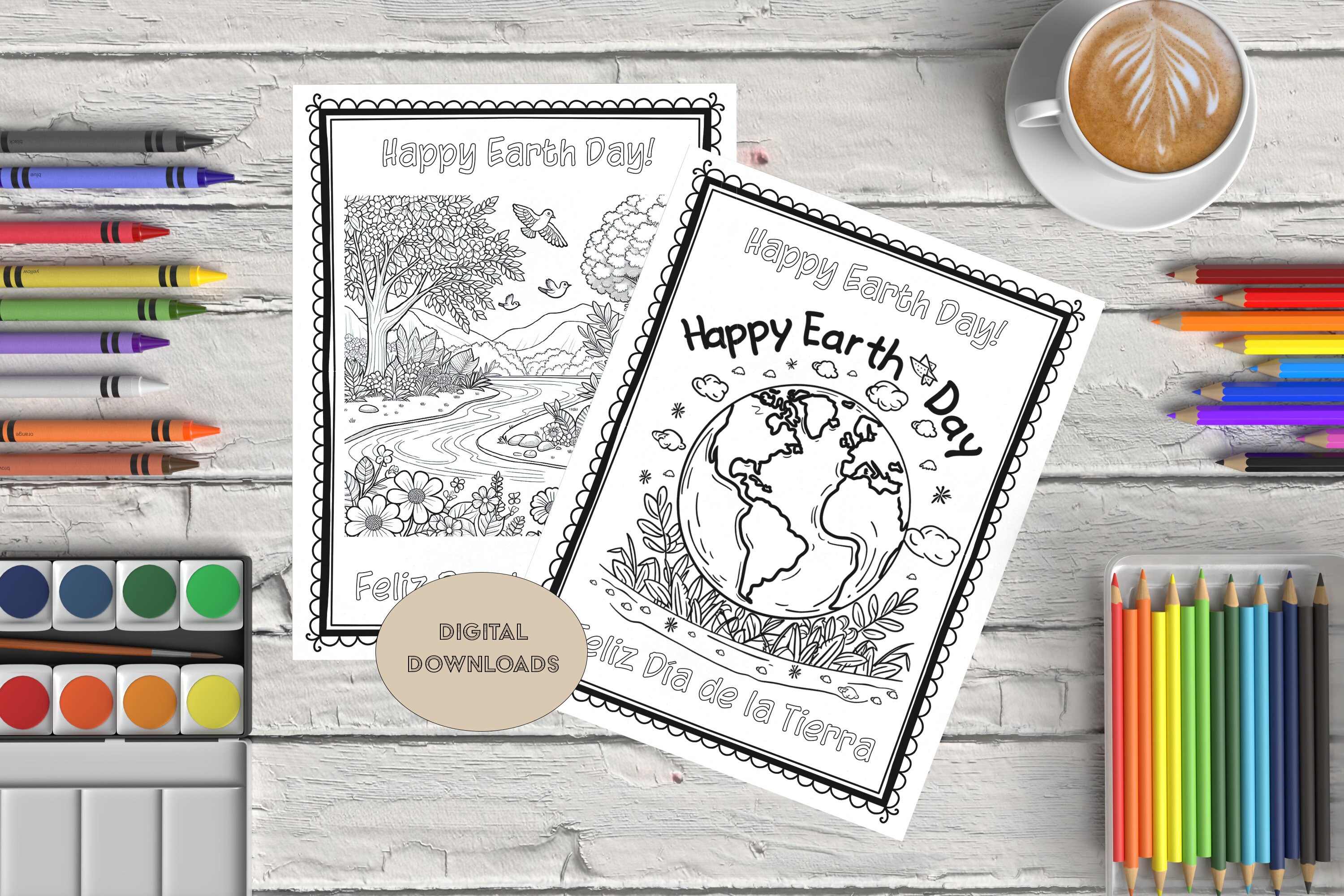 Coloring Earth Day INSTANT DOWNLOAD Coloring Pages English and Spanish ...