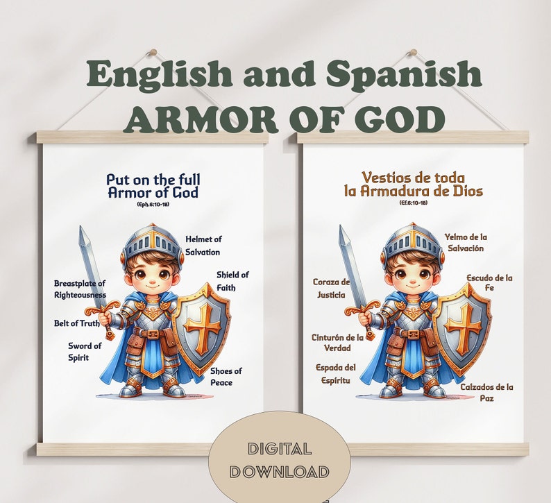 Armor of God Poster Cute Boy Spanish English Bible Verse Christian Wall ...