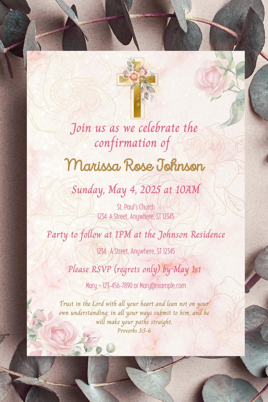 Editable Confirmation Invitation Template, Rose, Gold, Pink, Printable ...