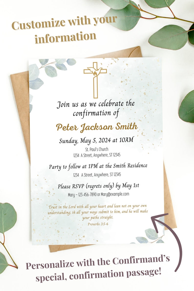 Greenery Watercolor Confirmation Invitation Template (digital Download ...