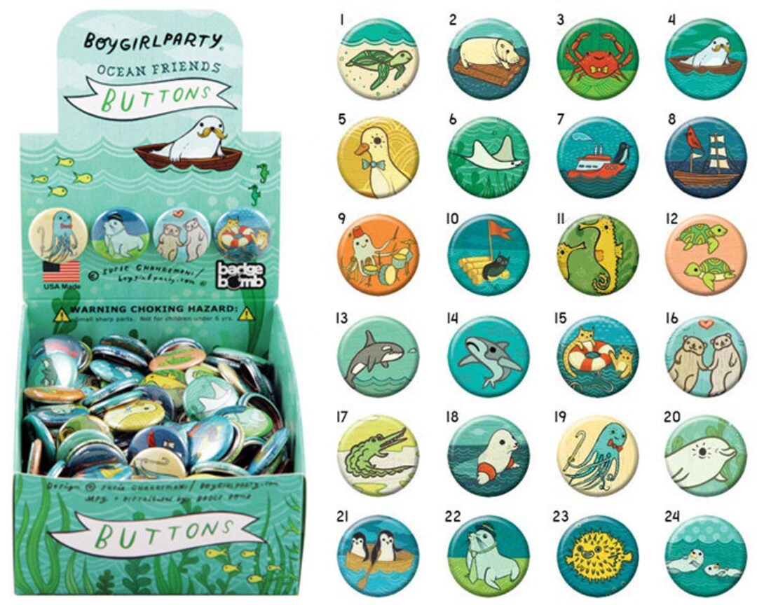 Button Pins, Fish Shark Pin Whale Buttons, OCEAN ANIMALS Pack of Pins ...