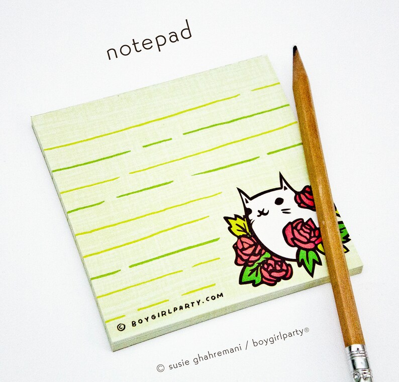 Desk Gift for Her Floral Cat Notepad Kawaii Notepads Cat | Etsy