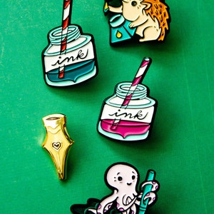 Quill Pen and Ink Enamel Pin — Hedgehog Quill Pin — Ink Bottle Enamel ...