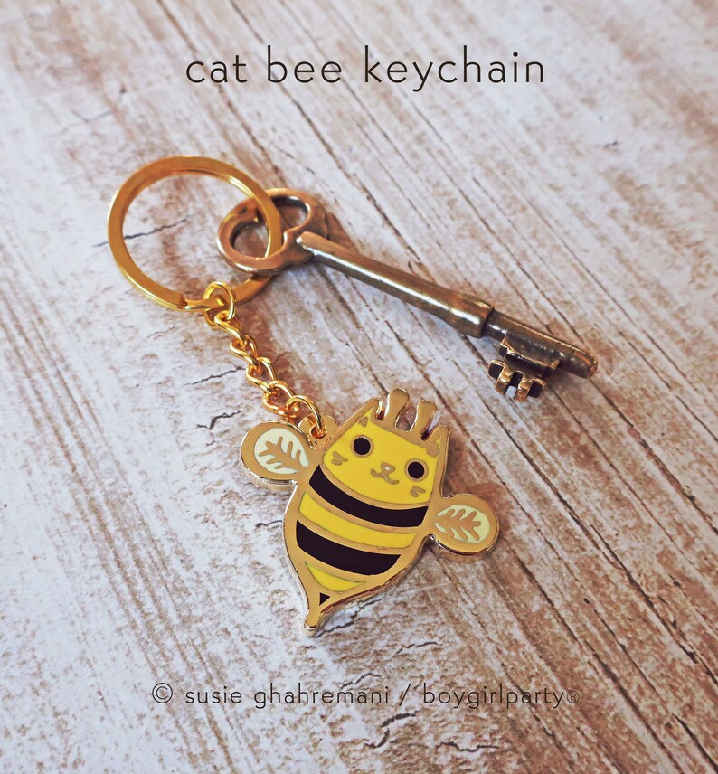 Cute CAT KEYCHAIN Cat Bee Keychain Yellow Bumble Bee - Etsy