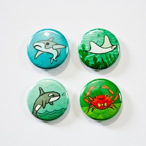 Button Pins, Fish Shark Pin Whale Buttons, OCEAN ANIMALS Pack of Pins ...
