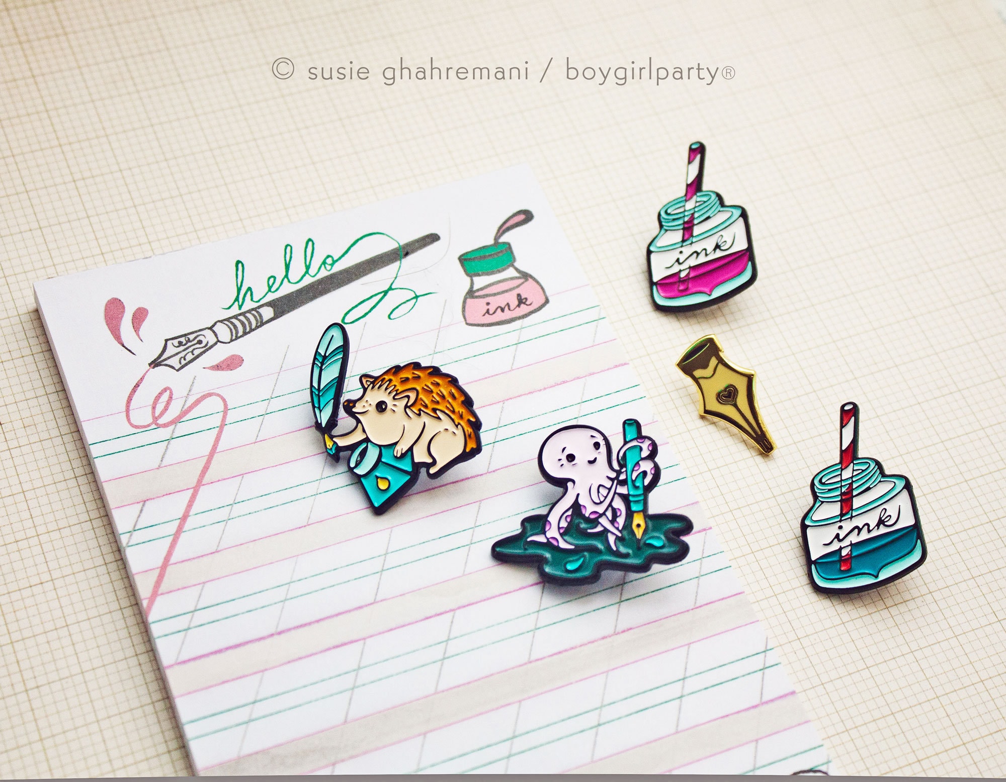Quill Pen and Ink Enamel Pin — Hedgehog Quill Pin — Ink Bottle Enamel ...