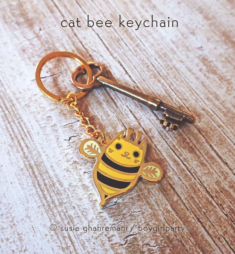 Cute CAT KEYCHAIN Cat Bee Keychain Yellow Bumble Bee - Etsy