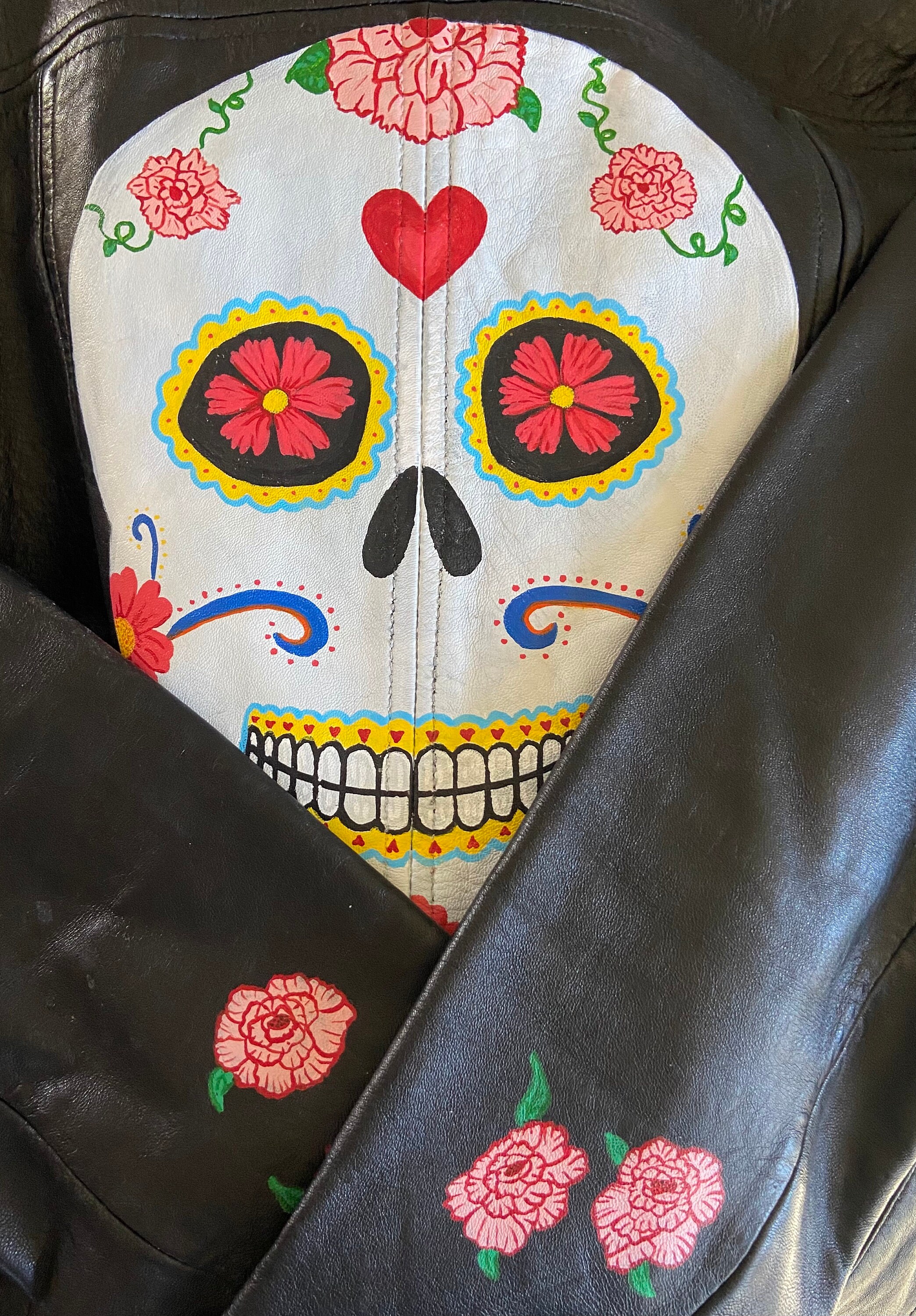 Hand Painted Sugar Skull Upcycled Leather Jacket/ Day of the Dead- Dia ...