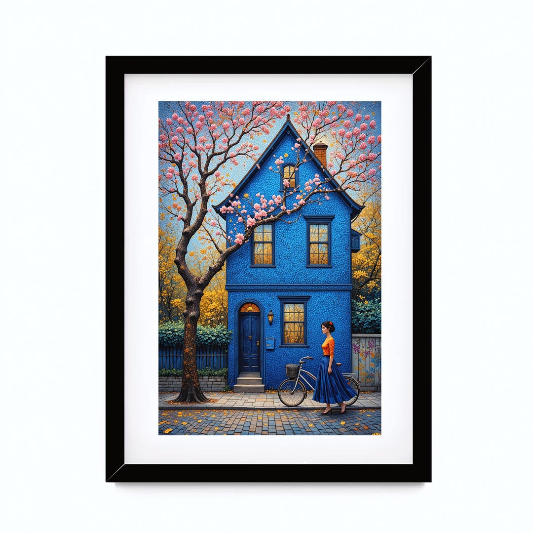 Blue House Painting, Digital Art Print, Modern Art Print, Wall Art ...