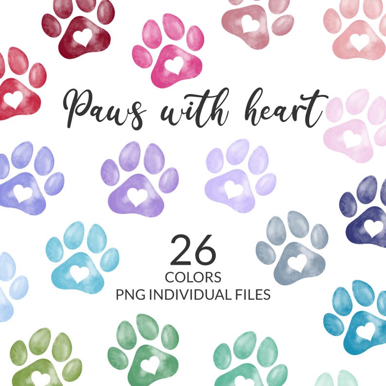 26 Heart Paw PNG Clipart, Dog & Cat Paw Print Heart, Digital Watercolor ...