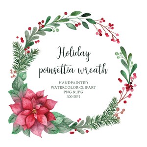 Poinsettia Wreath PNG, Winter Floral and Berries Circle Frame Clipart ...