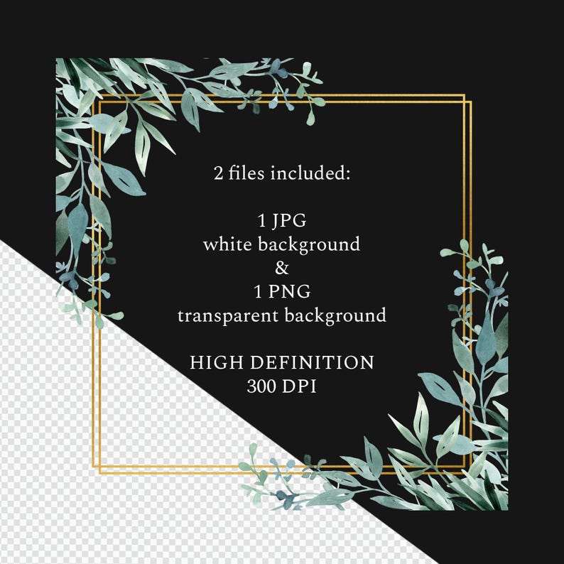 Greenery Square Border Clipart Gold Frame PNG, Green Leaves Watercolor ...