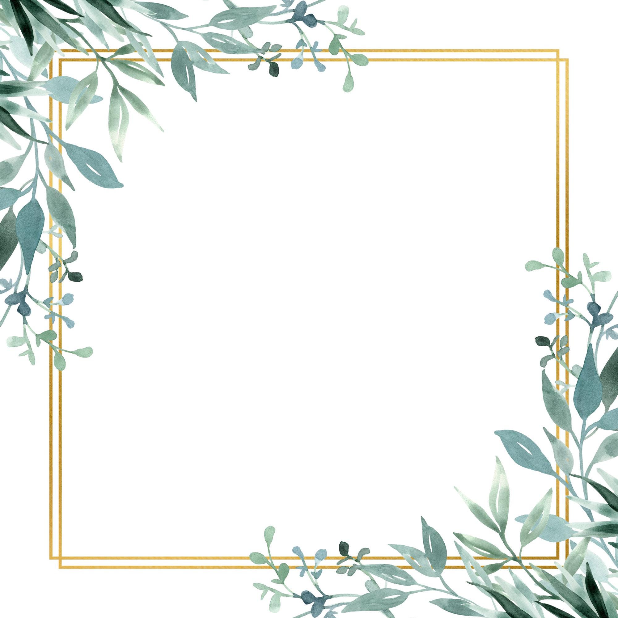 Greenery Square Border Clipart Gold Frame PNG, Green Leaves Watercolor ...