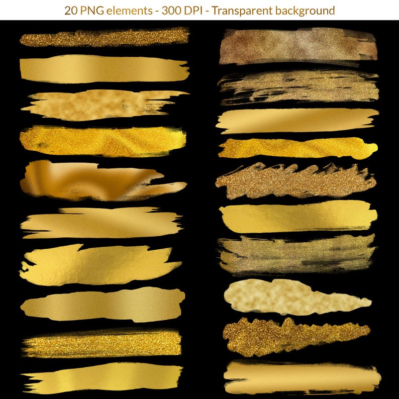 Gold & Glitter Brush Strokes Clipart PNG Gold Texture Background ...
