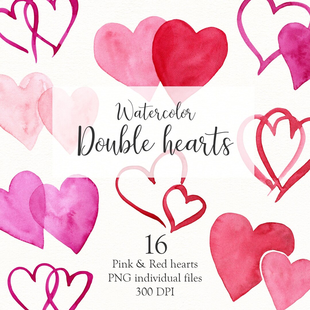 16 Pink & Red Double Hearts PNG Clipart, Watercolor Heart Png Graphic ...