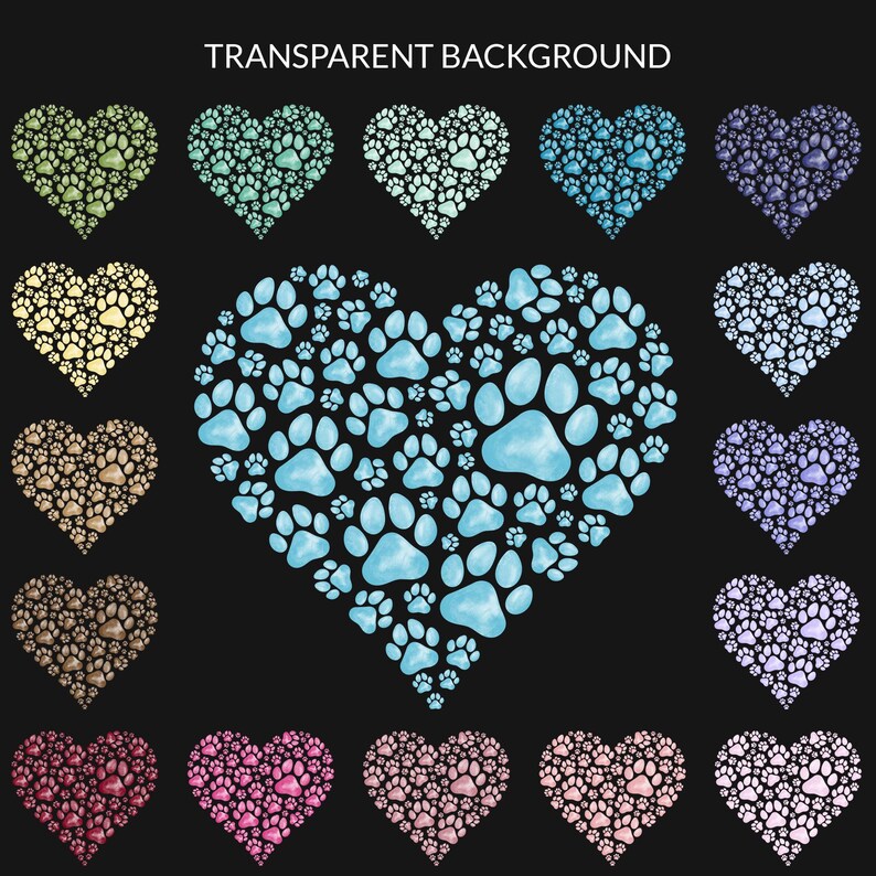 27 Paw Hearts PNG Clipart, Dog & Cat Paw Print in Hearts, Digital ...