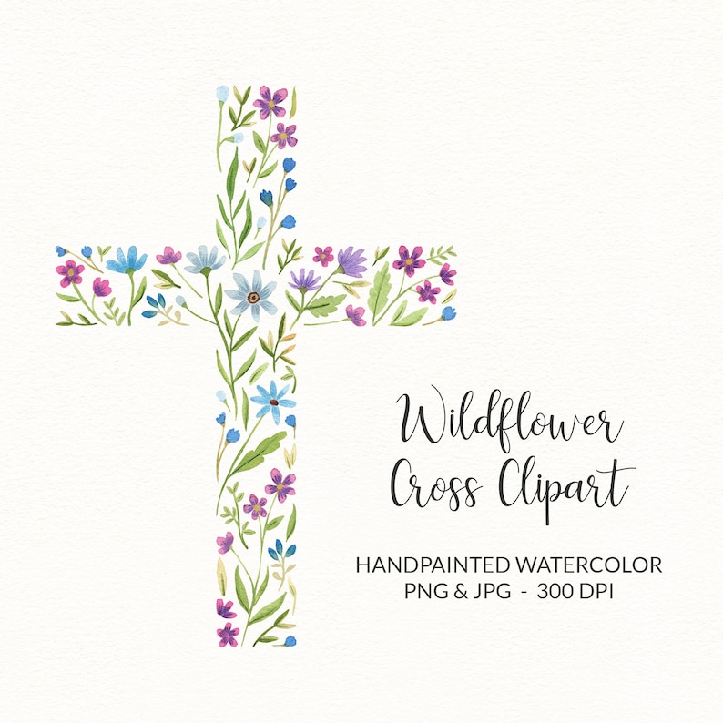 Floral Cross Clipart, Wildflower Watercolor Cross PNG, Easter Cross ...