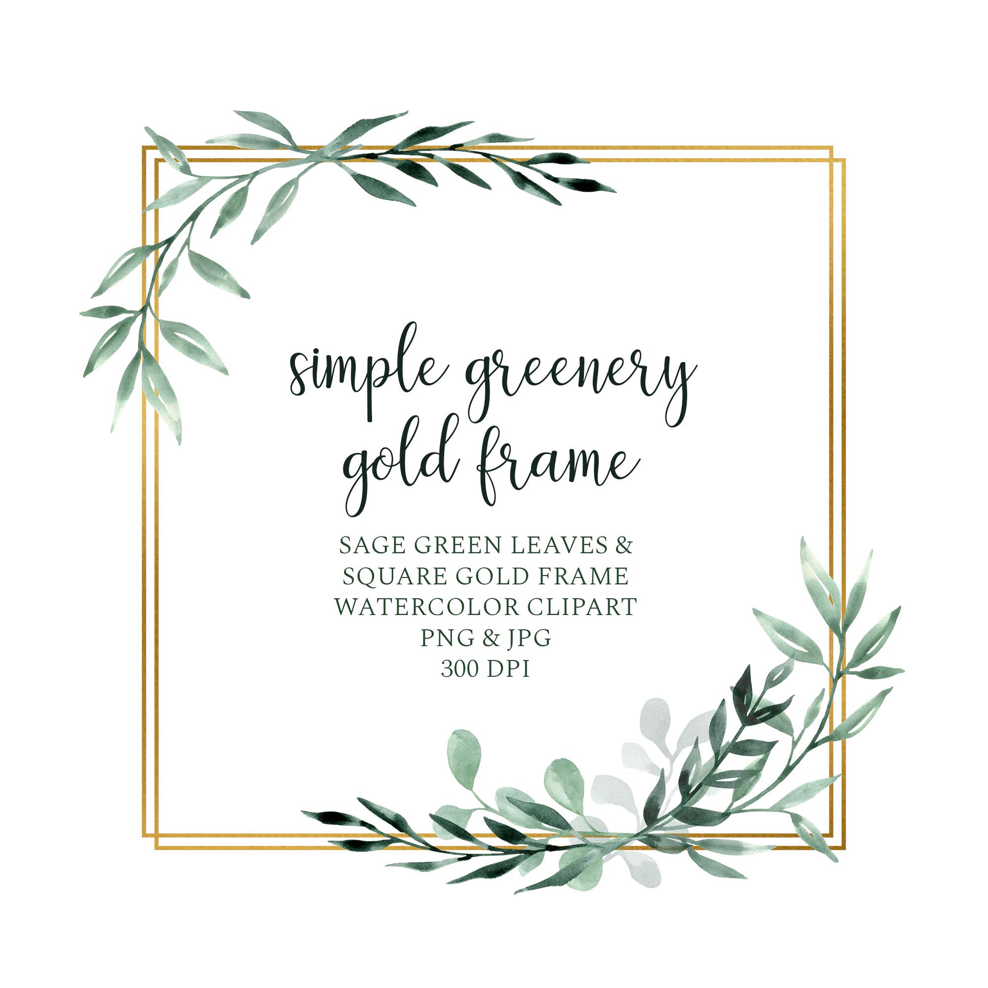 Square Gold Frame Greenery Clipart, Sage Green Leaves Watercolor PNG ...