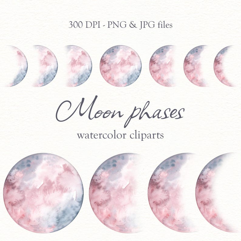Watercolor Moon Phases PNG - Handpainted Moon Phase Clipart - Lunar ...
