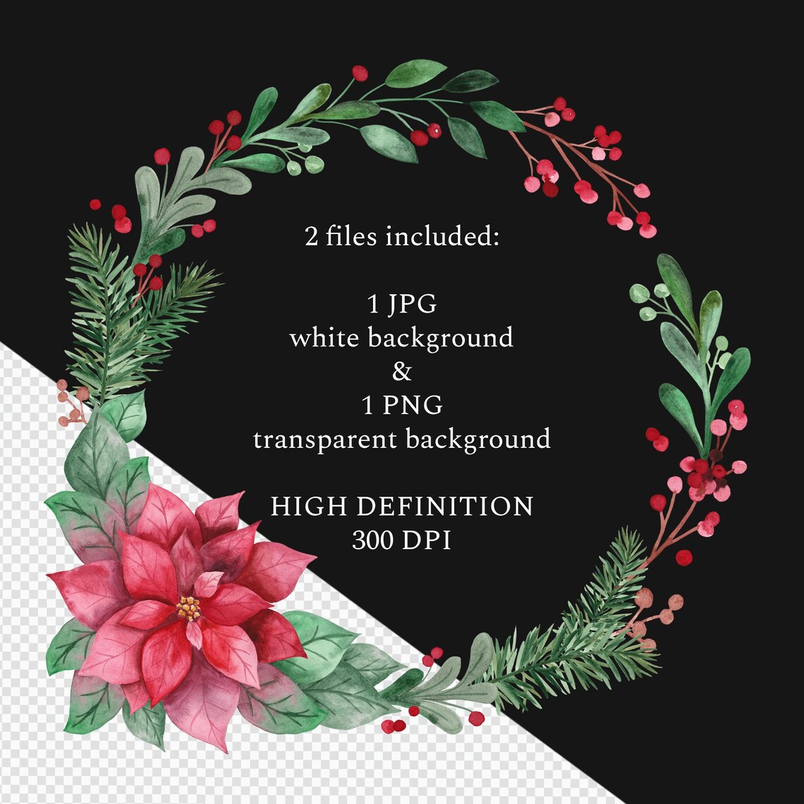 Poinsettia Wreath PNG, Winter Floral and Berries Circle Frame Clipart ...