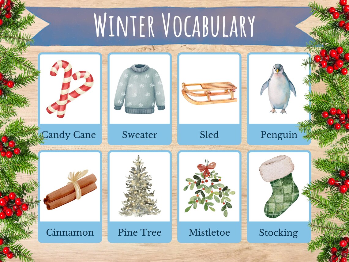 Winter Themed Flashcards, Christmas Vocabulary, Preschool, Kindergarten ...