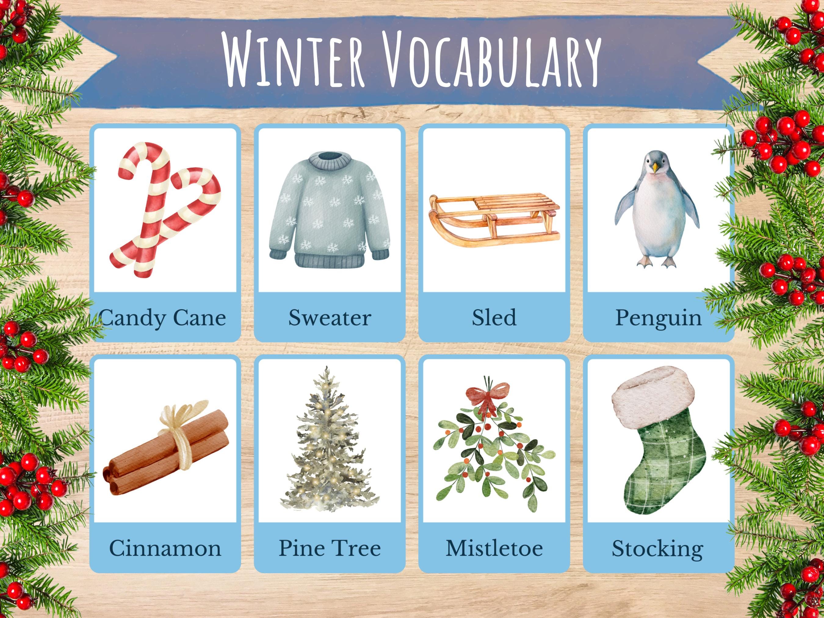 Winter Themed Flashcards, Christmas Vocabulary, Preschool, Kindergarten ...
