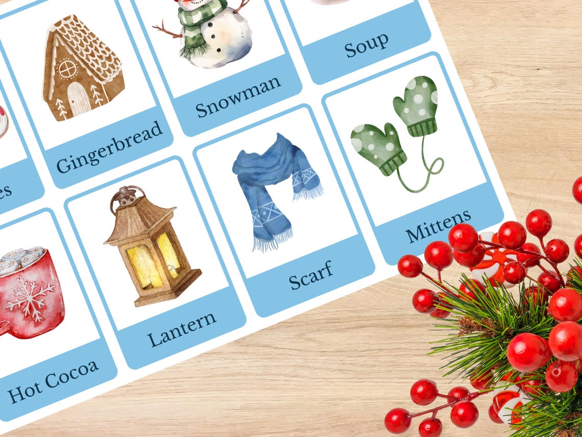 Winter Themed Flashcards, Christmas Vocabulary, Preschool, Kindergarten ...